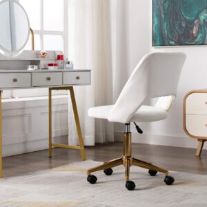 DM Furniture Velvet Office Desk Chair with Wheels, Mid Back Modern Home Office Chair Small and Cute for Bedroom, White with Gold Base