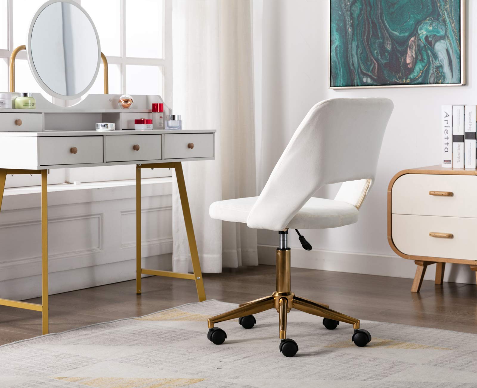 DM Furniture Velvet Office Desk Chair with Wheels, Mid Back Modern Home Office Chair Small and Cute for Bedroom, White with Gold Base