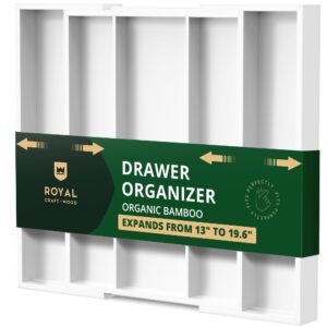 royal craft wood luxury bamboo kitchen drawer organizer - silverware organizer - utensil holder and cutlery tray with grooved drawer dividers for flatware and kitchen utensils (5 slot, white)