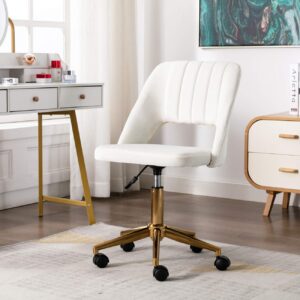 DM Furniture Velvet Office Desk Chair with Wheels, Mid Back Modern Home Office Chair Small and Cute for Bedroom, White with Gold Base