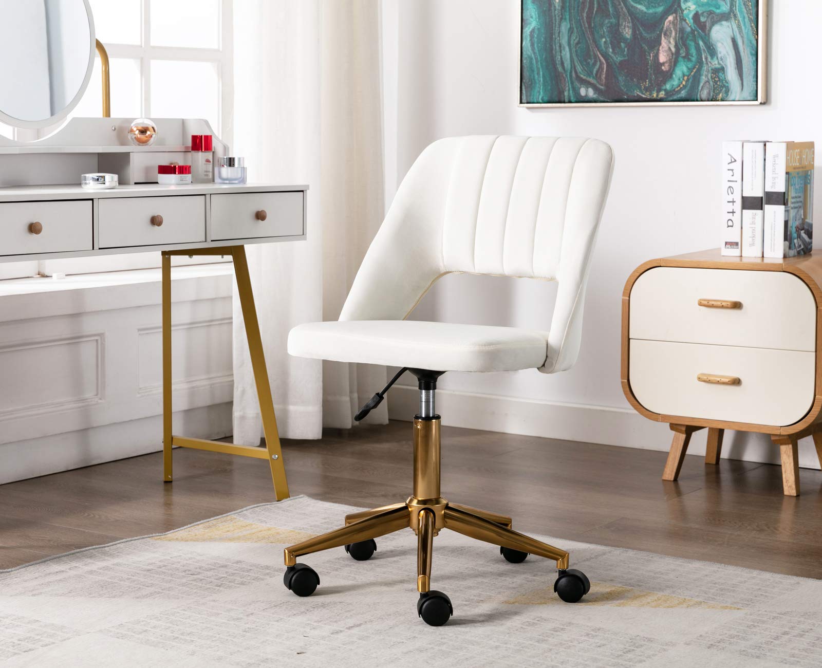 DM Furniture Velvet Office Desk Chair with Wheels, Mid Back Modern Home Office Chair Small and Cute for Bedroom, White with Gold Base