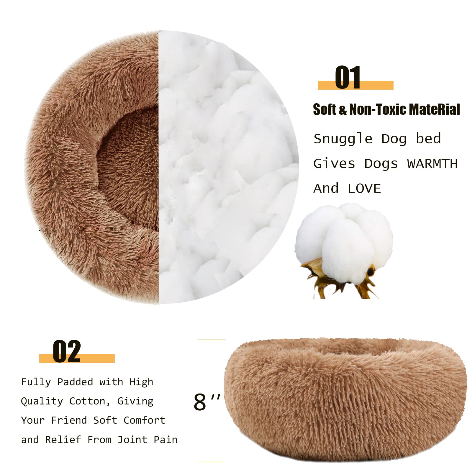 Dog Bed Calming Dog Beds for Small Medium Large Dogs - Round Donut Washable Dog Bed, Anti-Slip Faux Fur Fluffy Donut Cuddler Anxiety Cat Bed(28'' Khaki