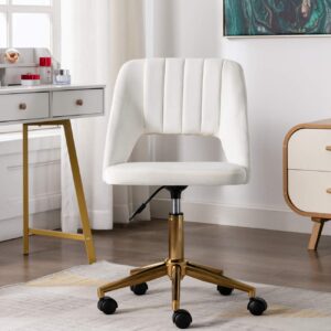 DM Furniture Velvet Office Desk Chair with Wheels, Mid Back Modern Home Office Chair Small and Cute for Bedroom, White with Gold Base