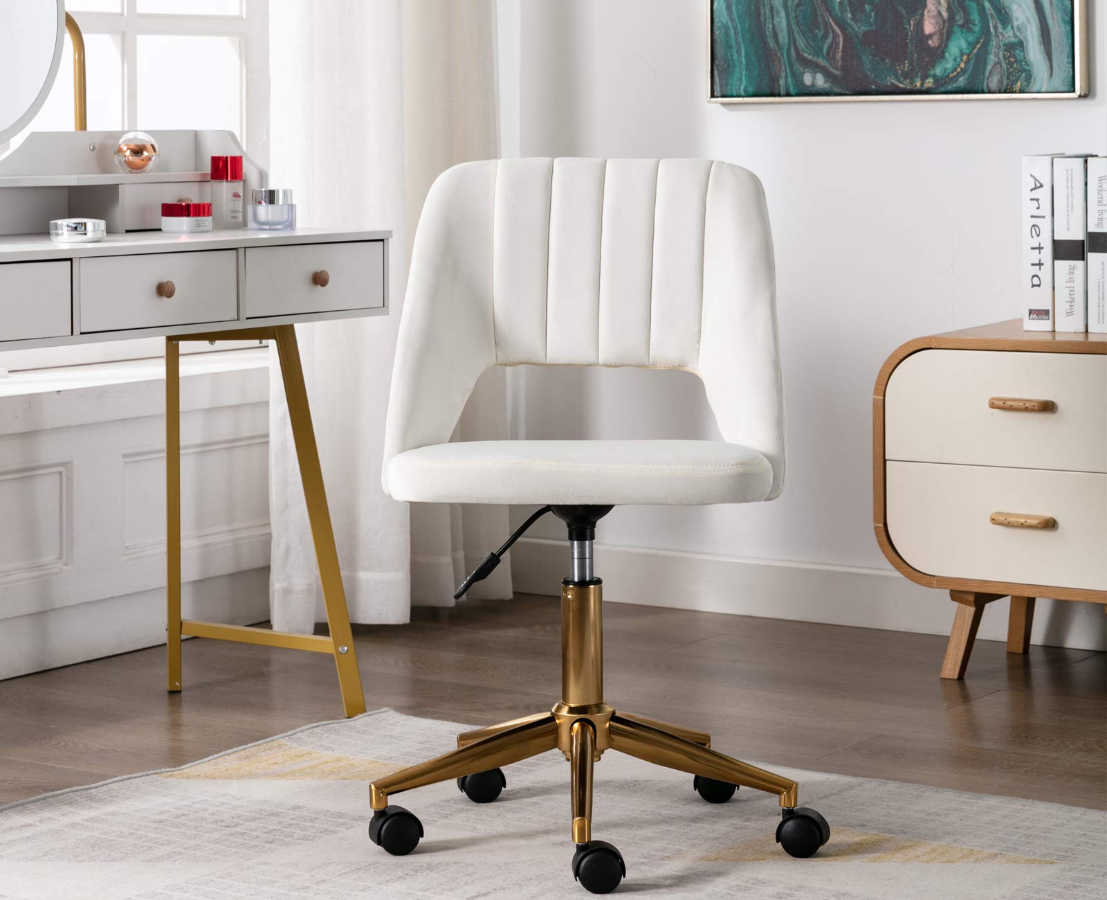 DM Furniture Velvet Office Desk Chair with Wheels, Mid Back Modern Home Office Chair Small and Cute for Bedroom, White with Gold Base