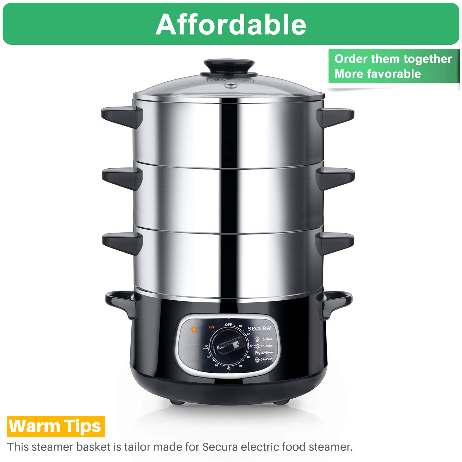 Secura Steamer Basket 304 Stainless Steel Food Steamer 1 Tier for 8.5 Quart Electric Food Steamer