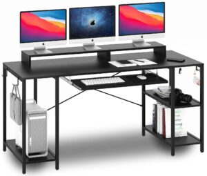 hypigo workstation desk with keyboard tray, 55 inch computer desk with storage shelves monitor stands and 4 iron hooks, industrial desk for home office