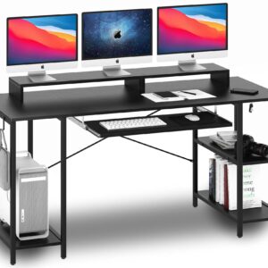 HYPIGO Workstation Desk with Keyboard Tray, 55 Inch Computer Desk with Storage Shelves Monitor Stands and 4 Iron Hooks, Industrial Desk for Home Office