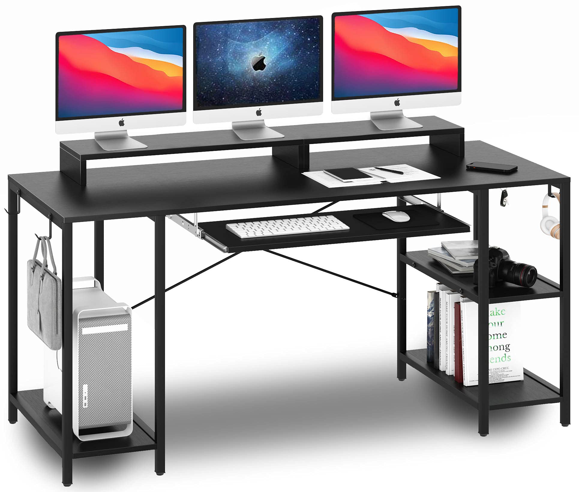 HYPIGO Workstation Desk with Keyboard Tray, 55 Inch Computer Desk with Storage Shelves Monitor Stands and 4 Iron Hooks, Industrial Desk for Home Office