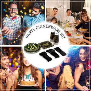 21st Birthday Party Supplies Set-16 Guests-Black And Gold Disposable Tableware kit, 21 Years Birthday Decorations, Include Paper Plates, 12oz Cups Napkins Banners Tablecloth Straws Cutlery…