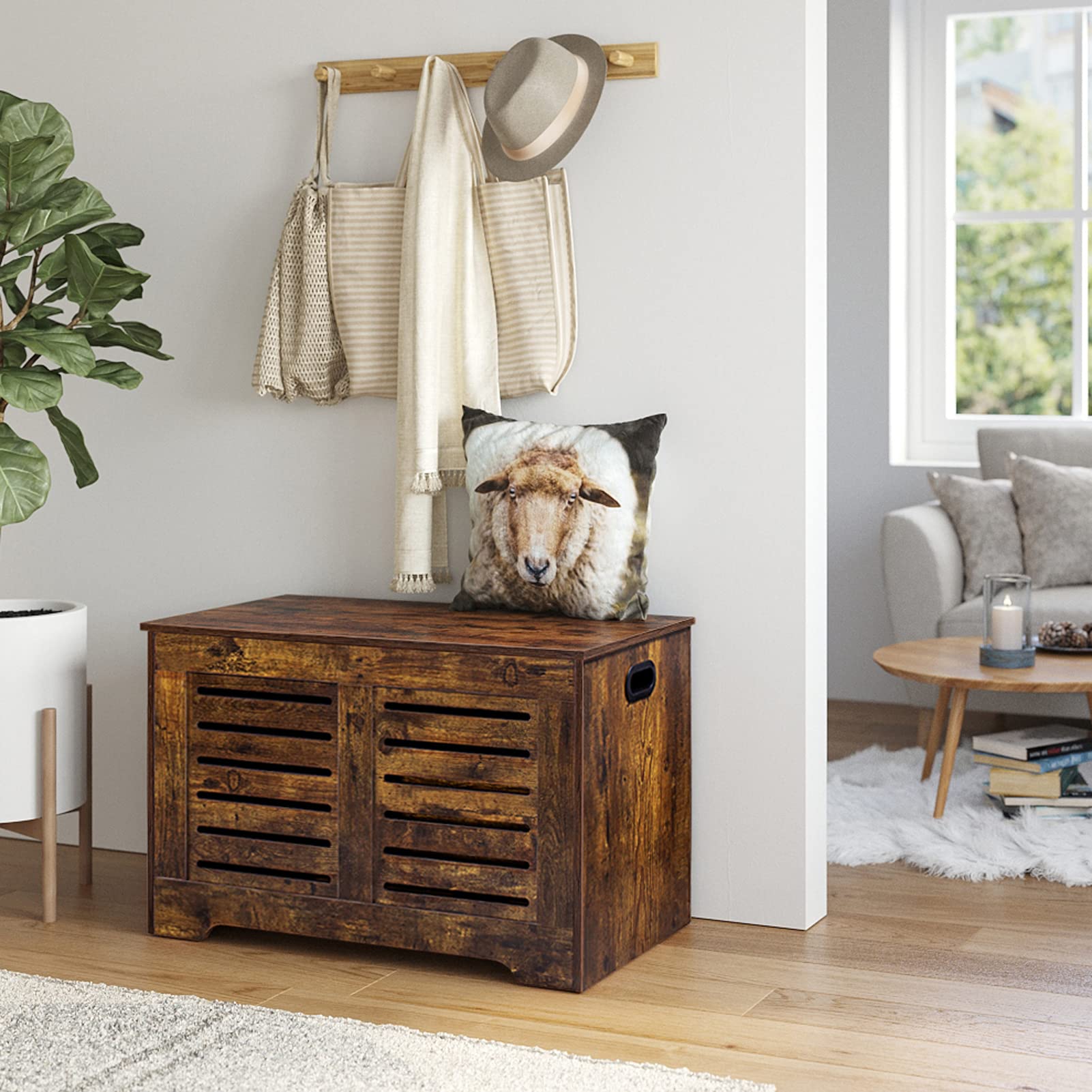 DINZI LVJ Storage Chest, Flip-Top Wooden Toy Box with 2 Safety Hinges, Retro Entryway Shoe Bench, Sturdy Large Storage Trunk for Living Room, Bedroom, Toddler Room, Easy Assembly, Rustic Brown