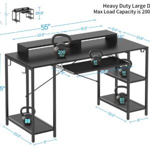 HYPIGO Workstation Desk with Keyboard Tray, 55 Inch Computer Desk with Storage Shelves Monitor Stands and 4 Iron Hooks, Industrial Desk for Home Office