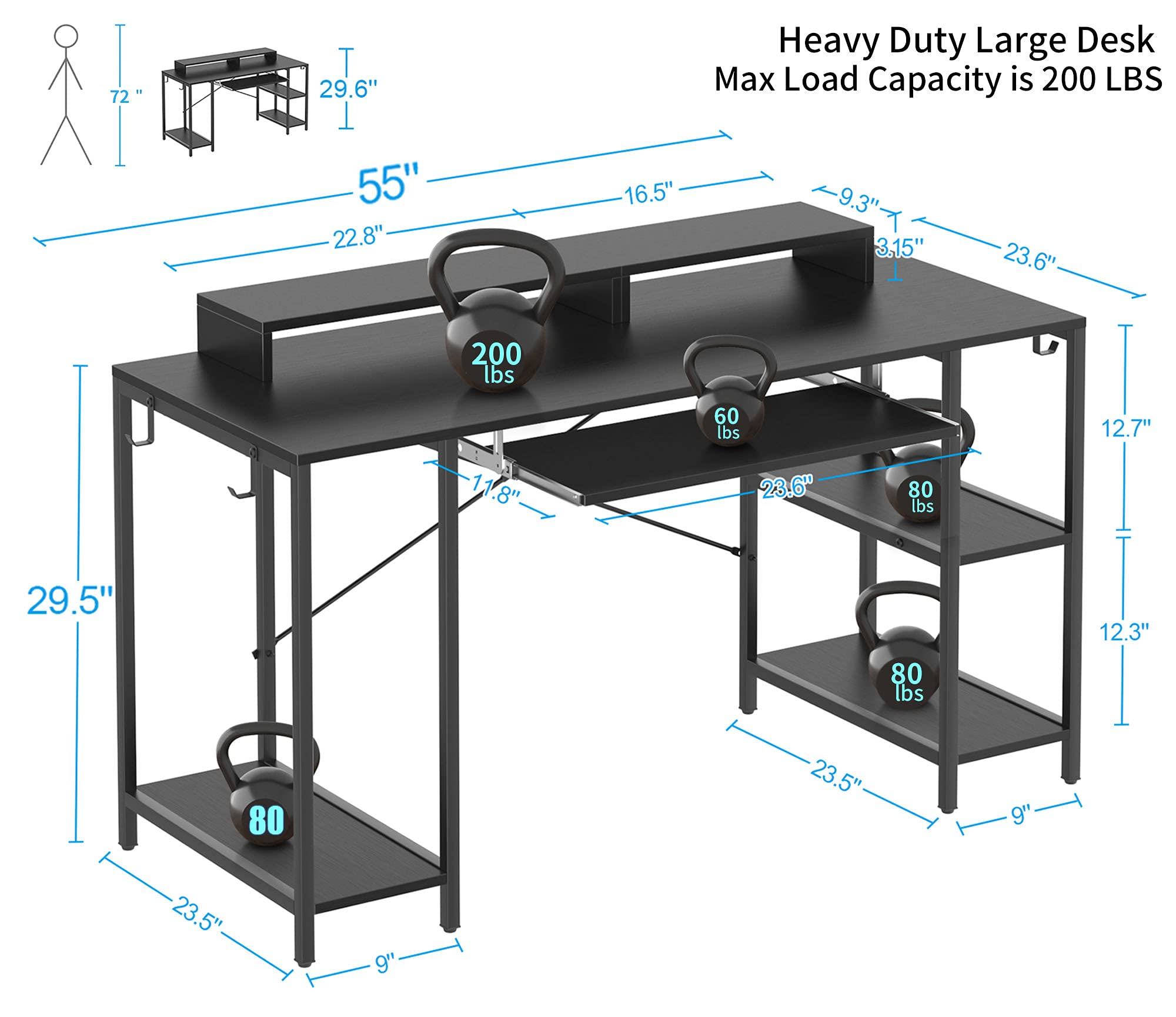 HYPIGO Workstation Desk with Keyboard Tray, 55 Inch Computer Desk with Storage Shelves Monitor Stands and 4 Iron Hooks, Industrial Desk for Home Office