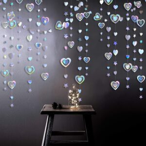 40Ft Iridescent 3D Heart Twinkle Star Garland Holographic Paper Streamer Banner for Birthday Mother's Day Anniversary Engagement Wedding Bridal Baby Shower Hen Valentines Day Party Decoration Supplies