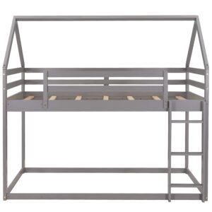 Twin Over Twin Low Bunk Bed, Wood House Bunk Bed Frame with Ladder, Guardrail and Roofs Floor Bunk Bed for Kids, Teens, Girls, Boys,Gray