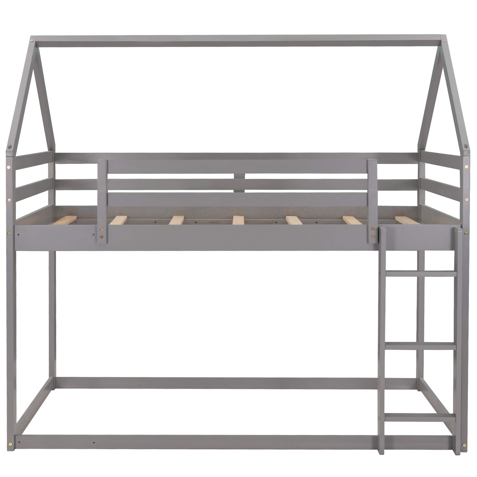 Twin Over Twin Low Bunk Bed, Wood House Bunk Bed Frame with Ladder, Guardrail and Roofs Floor Bunk Bed for Kids, Teens, Girls, Boys,Gray