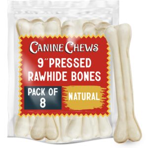 canine chews pressed rawhide bones for large dogs - 9" long lasting dog chews - compressed beefhide large dog chew bones - chew toy dog bones - raw hide bones dog for aggressive chewers (9 inch, 8pk)