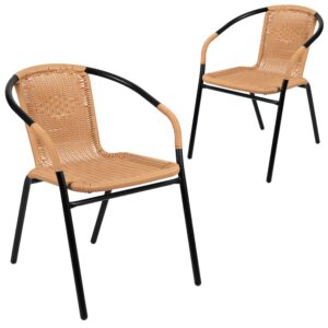 BizChair 2 Pack Beige Rattan Indoor-Outdoor Restaurant Stack Chair