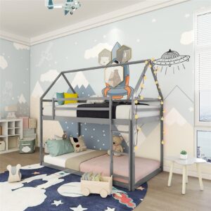 Twin Over Twin Low Bunk Bed, Wood House Bunk Bed Frame with Ladder, Guardrail and Roofs Floor Bunk Bed for Kids, Teens, Girls, Boys,Gray