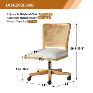 Modern Home Office Chair Comfortable Upholstered Armless Desk Chair, Adjustable Swivel Rolling Computer Chair with Rattan Mid-Back Support, Linen