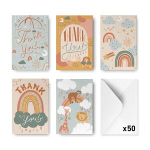 rileys baby shower thank you cards assortment, 50-count | hand-illustrated 5 designs, baby shower thank you cards with envelopes, thank you cards baby shower bulk variety pack (nature)