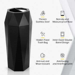 Dyna-Living Commercial Trash Can Outdoor Garbage Can with Lid Indoor Large Trash Bin Stainless Steel Industrial Waste Container Black