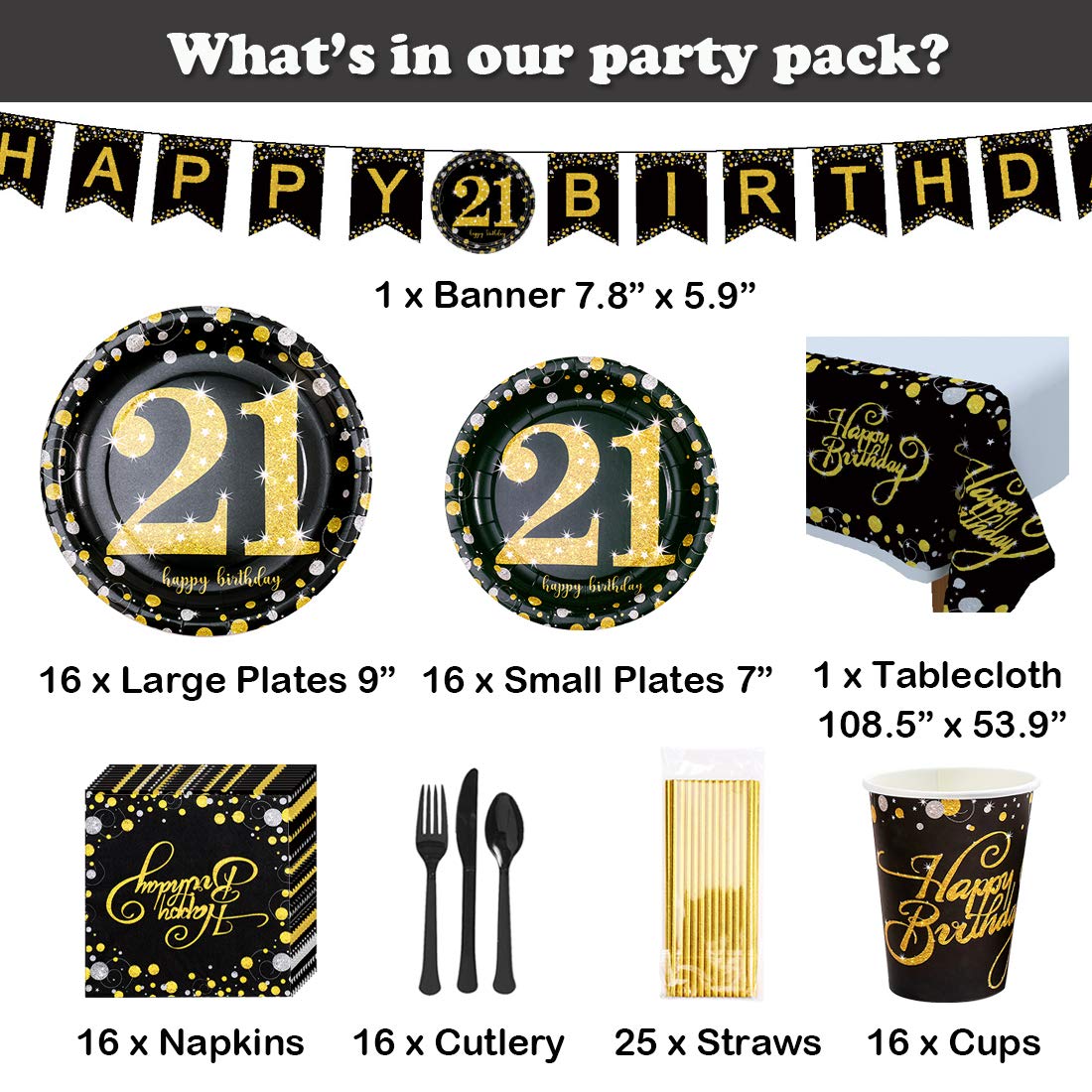 21st Birthday Party Supplies Set-16 Guests-Black And Gold Disposable Tableware kit, 21 Years Birthday Decorations, Include Paper Plates, 12oz Cups Napkins Banners Tablecloth Straws Cutlery…