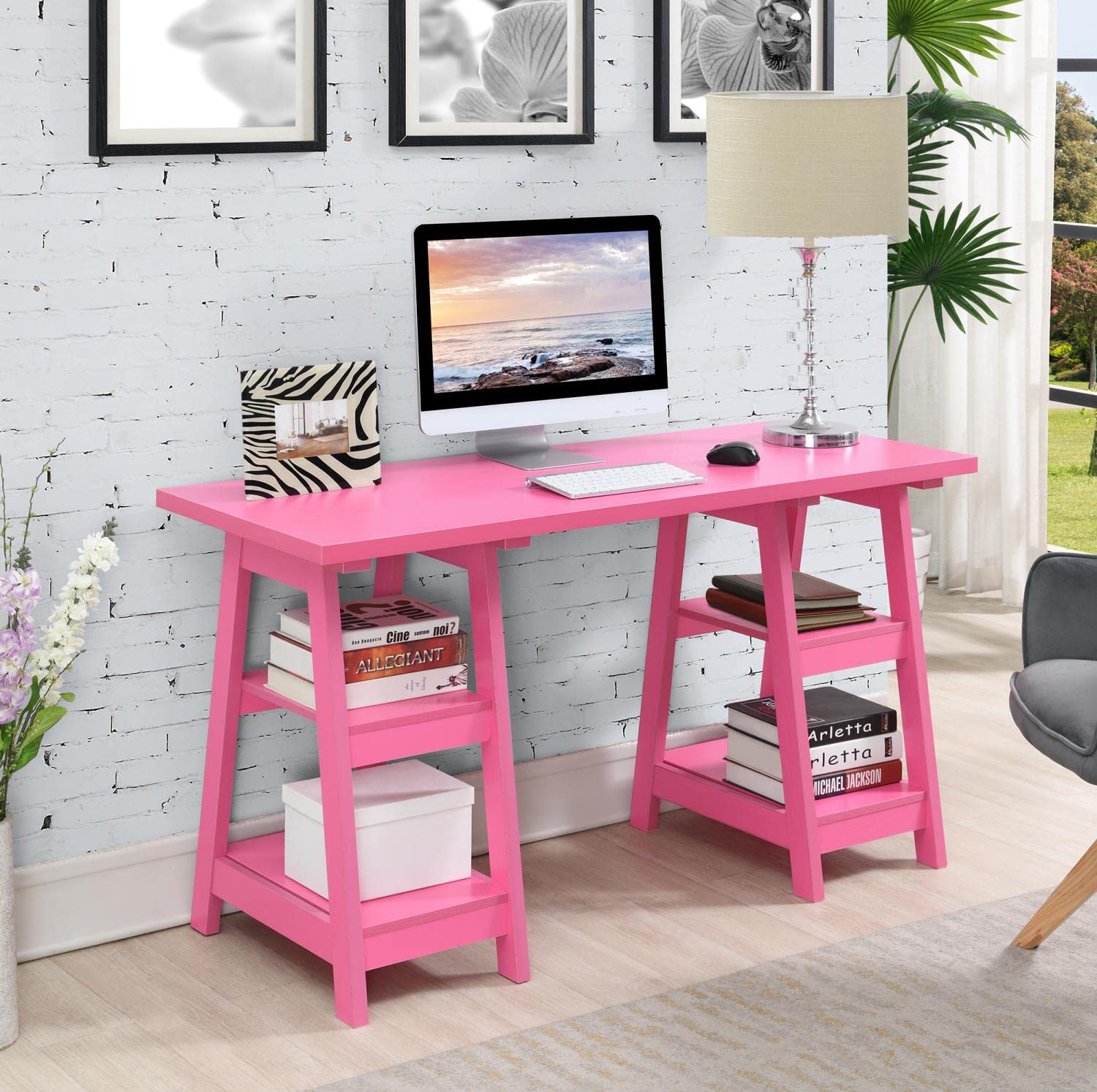 Convenience Concepts Designs2Go Double Trestle Desk with Shelves, Pink