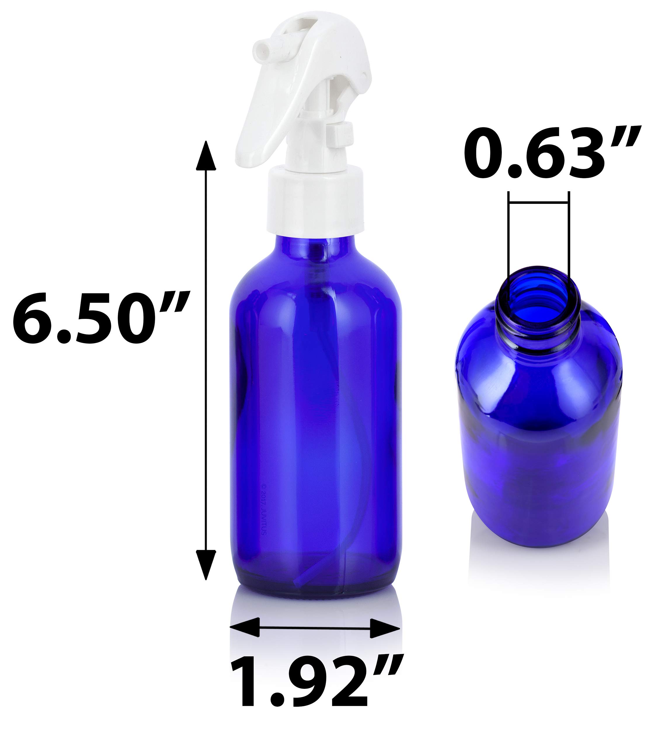 JUVITUS 4 oz Cobalt Blue Glass Boston Round Bottle with White Trigger Spray (6 pack) I Refillable Empty Storage Containers