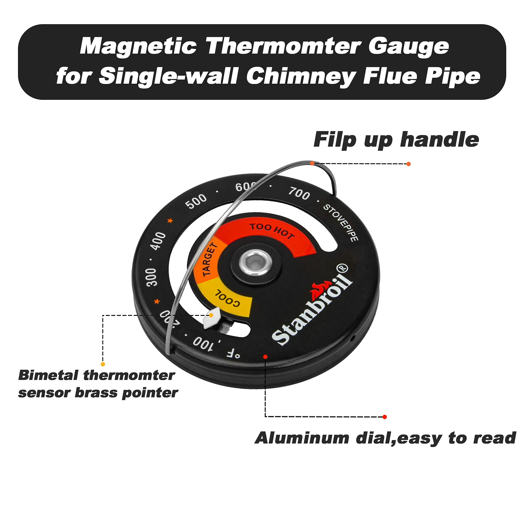 Stanbroil Magnetic Wood Stove Pipe Thermometer, Flue Pipe Temperature Meter for Wood Log Chimney Pipe