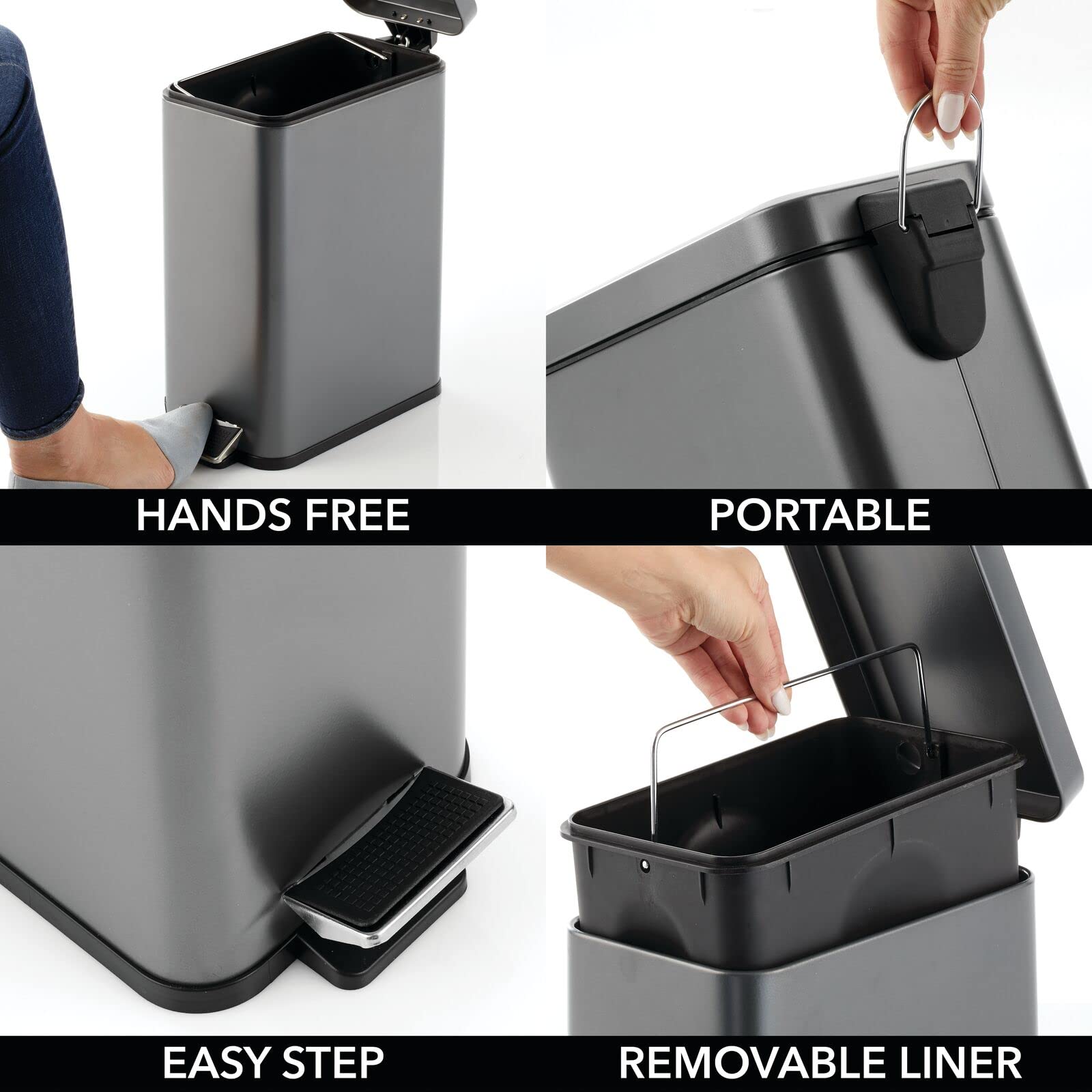 mDesign Pedal Bin — Household Bin with Pedal, Lid and Plastic Bucket Insert for Bathroom, Kitchen, and Office — Metal Rubbish Bin with Ergonomic Design — Graphite