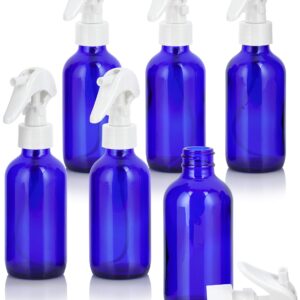 JUVITUS 4 oz Cobalt Blue Glass Boston Round Bottle with White Trigger Spray (6 pack) I Refillable Empty Storage Containers