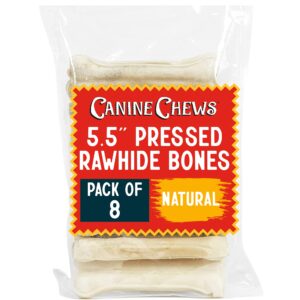 canine chews pressed rawhide bones for large dogs - 5.5" long lasting dog chews - compressed beefhide large dog chew bones - chew toy dog bones - raw hide bones dog for aggressive chewers (5.5", 8pk)