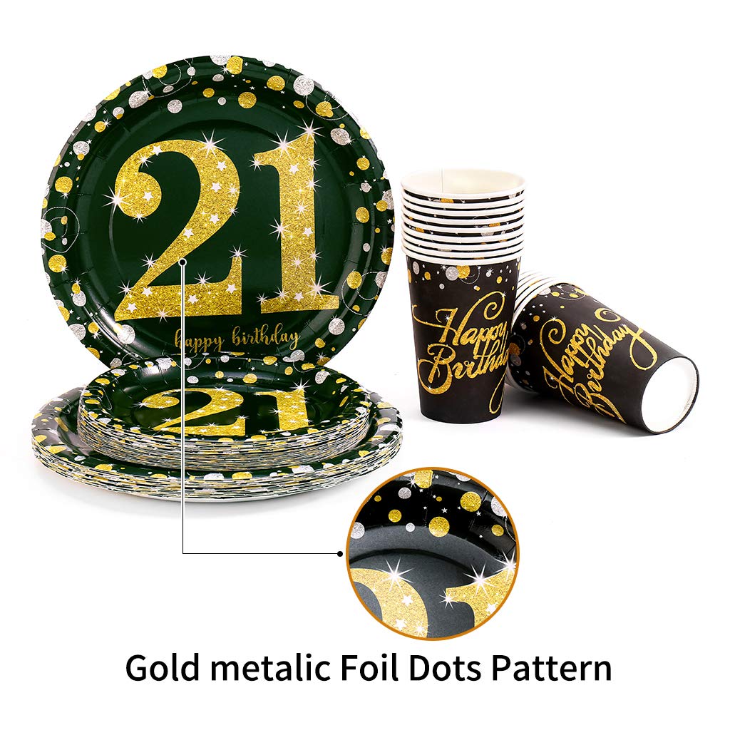 21st Birthday Party Supplies Set-16 Guests-Black And Gold Disposable Tableware kit, 21 Years Birthday Decorations, Include Paper Plates, 12oz Cups Napkins Banners Tablecloth Straws Cutlery…