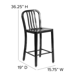 BizChair Commercial Grade 24" H Black Metal Indoor-Outdoor Counter Stool w/Slat Back