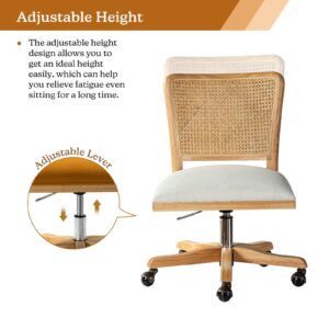 Modern Home Office Chair Comfortable Upholstered Armless Desk Chair, Adjustable Swivel Rolling Computer Chair with Rattan Mid-Back Support, Linen