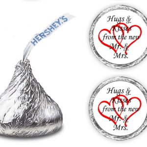 324 Hugs and Kisses from The new Mr. & Mrs. with Interlocking Hearts Wedding Stickers, Chocolate Drops Labels for Bridal Shower Engagement Party Decorations, Favors Decor for Kiss (Red)