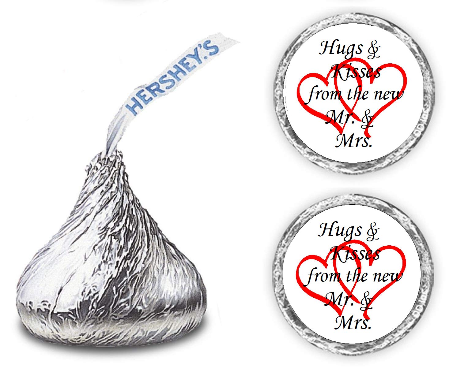 324 Hugs and Kisses from The new Mr. & Mrs. with Interlocking Hearts Wedding Stickers, Chocolate Drops Labels for Bridal Shower Engagement Party Decorations, Favors Decor for Kiss (Red)