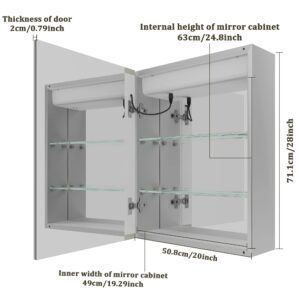 MIRPLUS 20 X 28 inch Bathroom Medicine Cabinet with Mirror Wall Mounted LED Bathroom Mirror Cabinet with Lights Cold White Light Inductive Switch Adjustable Storage Shelves (Single Door/Left Hinge)