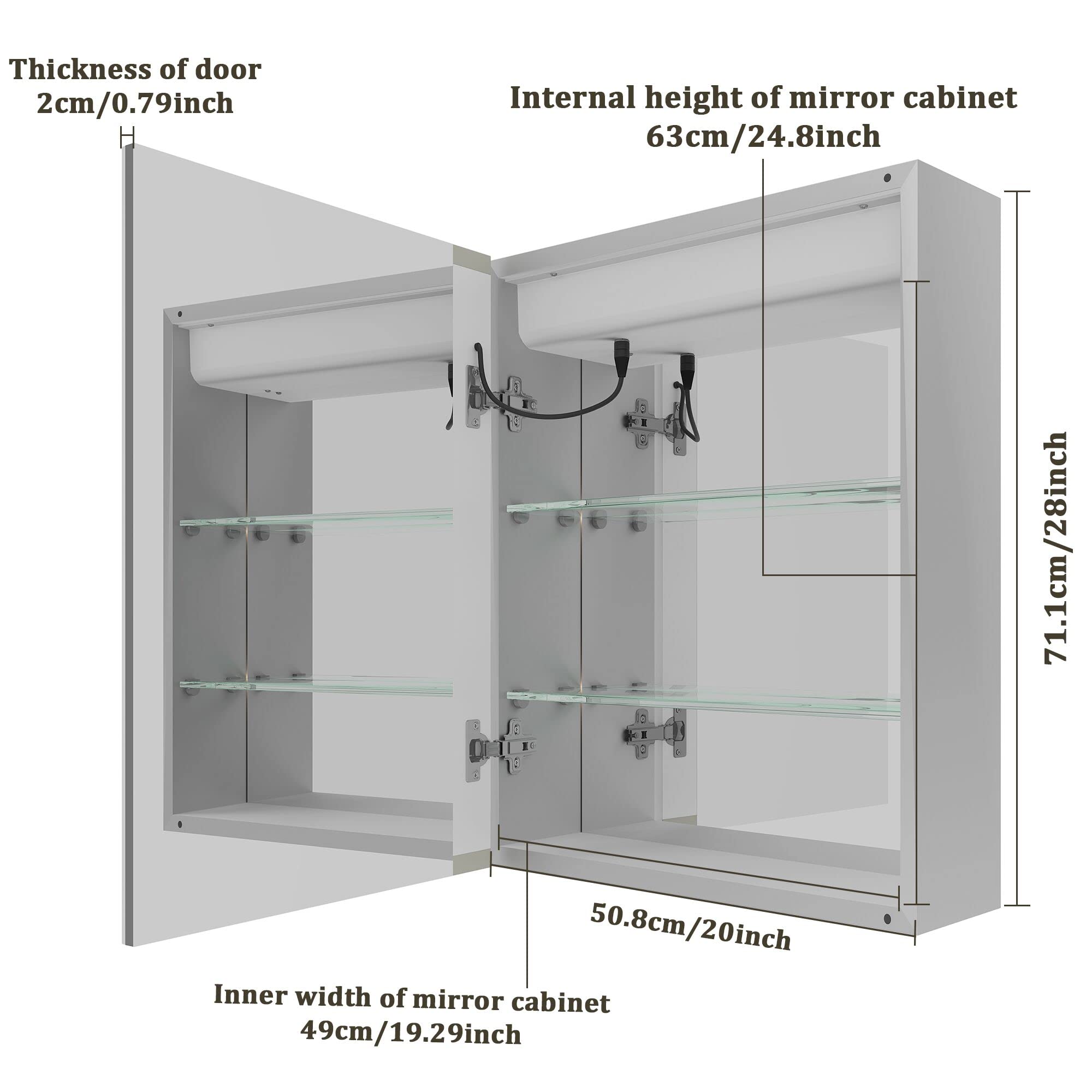 MIRPLUS 20 X 28 inch Bathroom Medicine Cabinet with Mirror Wall Mounted LED Bathroom Mirror Cabinet with Lights Cold White Light Inductive Switch Adjustable Storage Shelves (Single Door/Left Hinge)