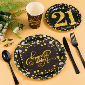 21st Birthday Party Supplies Set-16 Guests-Black And Gold Disposable Tableware kit, 21 Years Birthday Decorations, Include Paper Plates, 12oz Cups Napkins Banners Tablecloth Straws Cutlery…