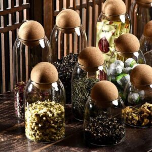 MOLADRI 800ML/27Oz Clear Glass Storage Cute Canister Holder Ball Wood Cork Top, Modern Decorative Cylinder Container Jar with Round Lid for Coffee, Spice, Candy, Salt, Cookie Cool Terrarium Bottle