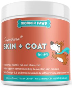 wonder paws skin & coat supplement for dogs with salmon oil, omega 3 & 6, epa & dha, promotes healthy skin and coat, itchy relief, joint and overall health, delicious flavor, 70 skin & coat soft chews