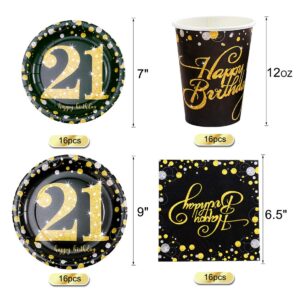 21st Birthday Party Supplies Set-16 Guests-Black And Gold Disposable Tableware kit, 21 Years Birthday Decorations, Include Paper Plates, 12oz Cups Napkins Banners Tablecloth Straws Cutlery…