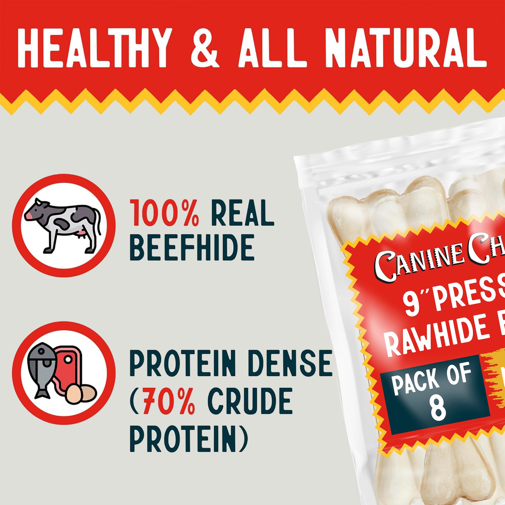 Canine Chews Pressed Rawhide Bones for Large Dogs - 9" Long Lasting Dog Chews - Compressed Beefhide Large Dog Chew Bones - Chew Toy Dog Bones - Raw Hide Bones Dog for Aggressive Chewers (9 inch, 8pk)