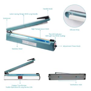 16 inch 400mm Impulse Sealer, Manual Bag Sealer Heat Sealer, Adjustable Timer Electric Heat Seal Bag Sealer Sealing Machine with 2 Free Replacement Kit Tabletop Impulse Sealer, Blue