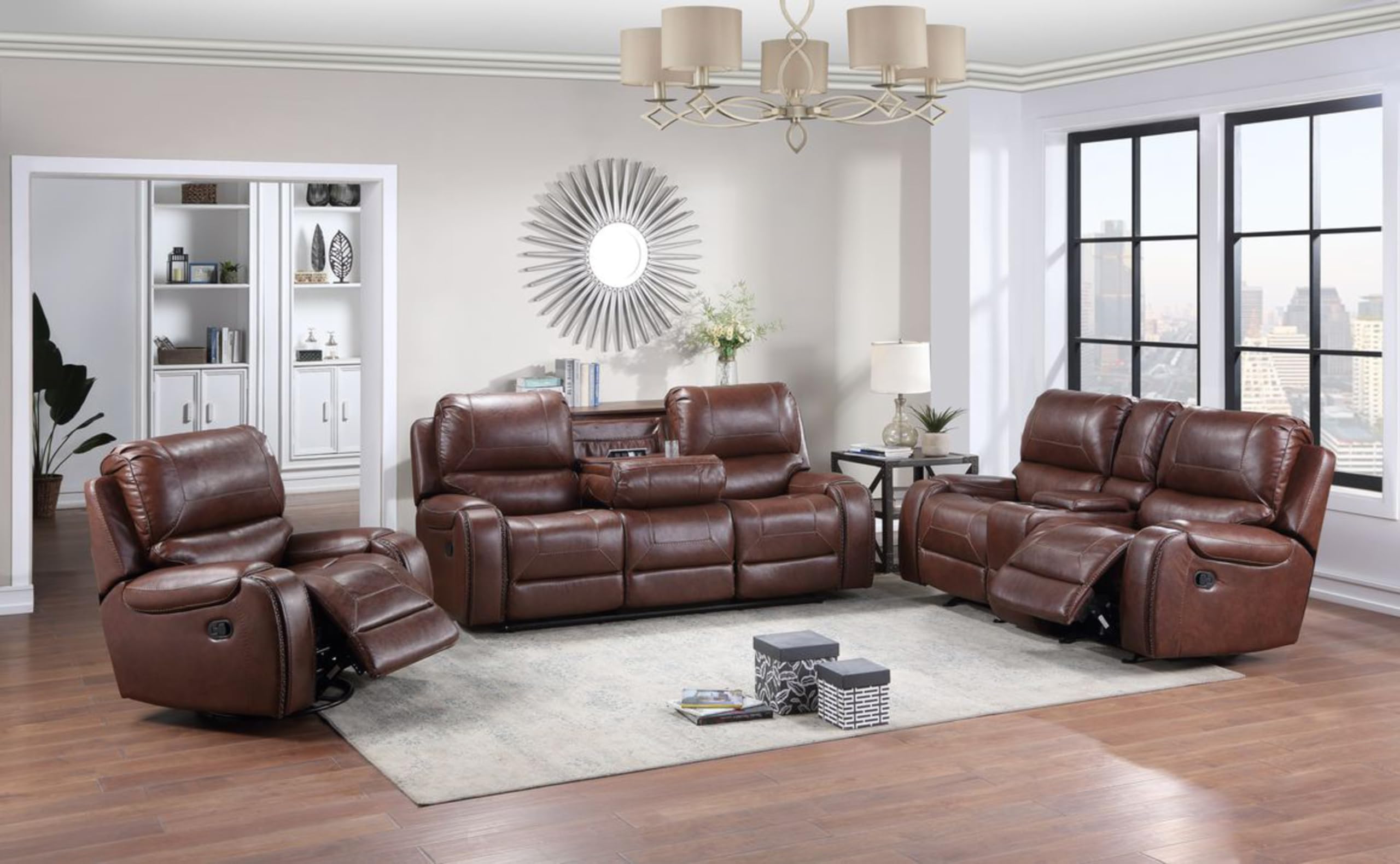 Steve Silver Keily Faux-Leather Manual Motion Recliner Sofas, 2 USB Charging Stations and 2 Electrical Outlets, 2 Cupholders, 86" L x 39" W x 41" H, Brown