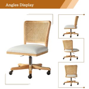 Modern Home Office Chair Comfortable Upholstered Armless Desk Chair, Adjustable Swivel Rolling Computer Chair with Rattan Mid-Back Support, Linen