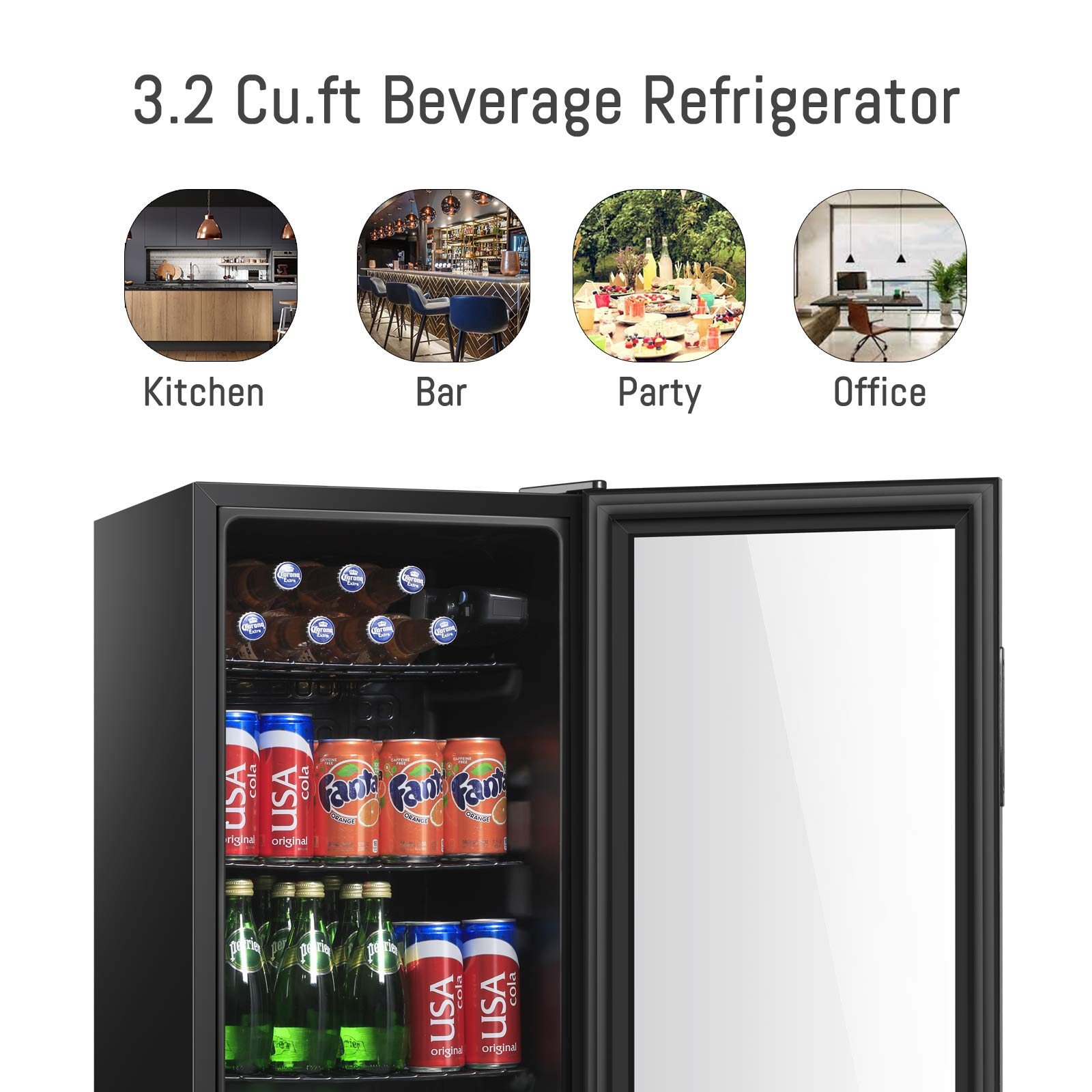 HAILANG 3.2 cu.ft Beverage Refrigerator Cooler, Mini Fridge with Glass Door for Beer Soda or Wine, Perfect for Home,Bar, Office