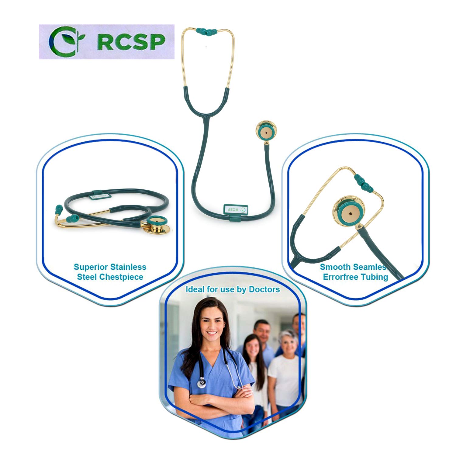 RCSP Acoustic Stethoscope Brass Ring For Medical Students, Nurses & Doctors, Lightweight ChestPiece with Latexfree Tube & Soft Sealing Ear Knobs Cardio SS Gold (GREEN)