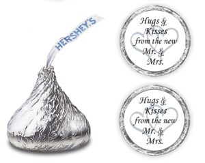 324 hugs and kisses from the new mr. & mrs. with interlocking hearts wedding stickers, chocolate drops labels for bridal shower engagement party decorations, favors decor for kiss (silver)